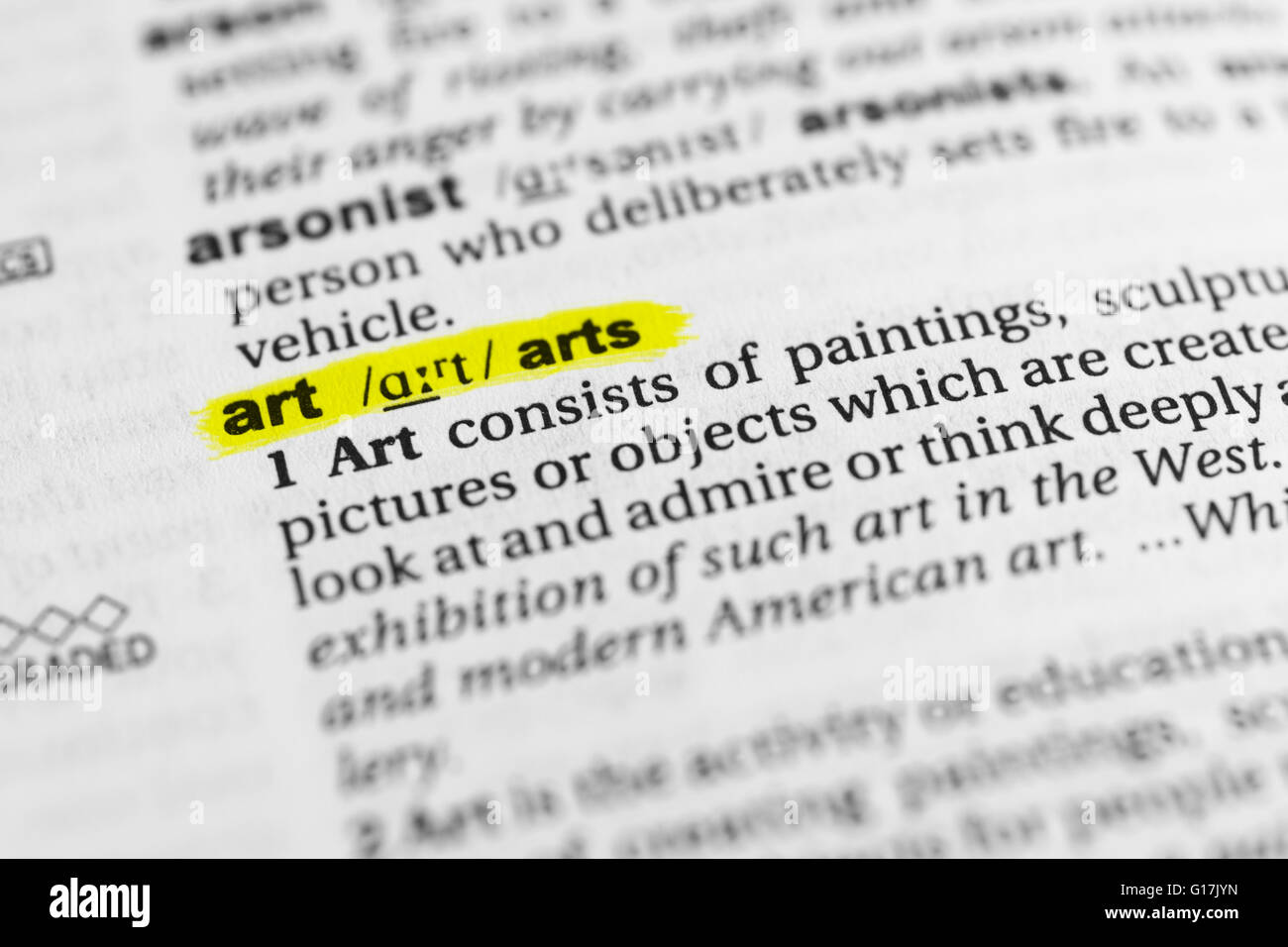 Detail of the english word "art-arts" highlighted and its definition ...
