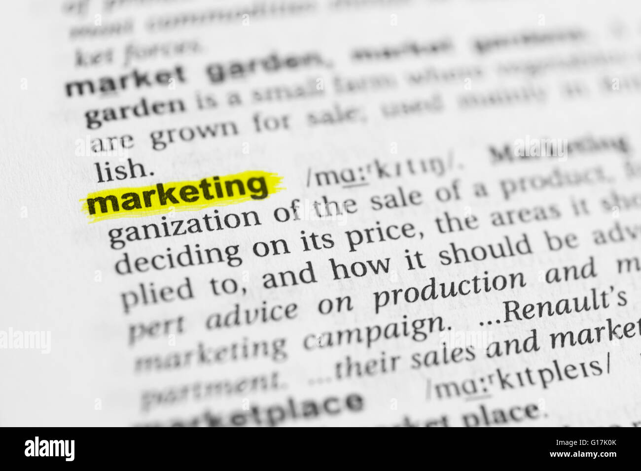 Detail of the english word "marketing" highlighted and its definition ...