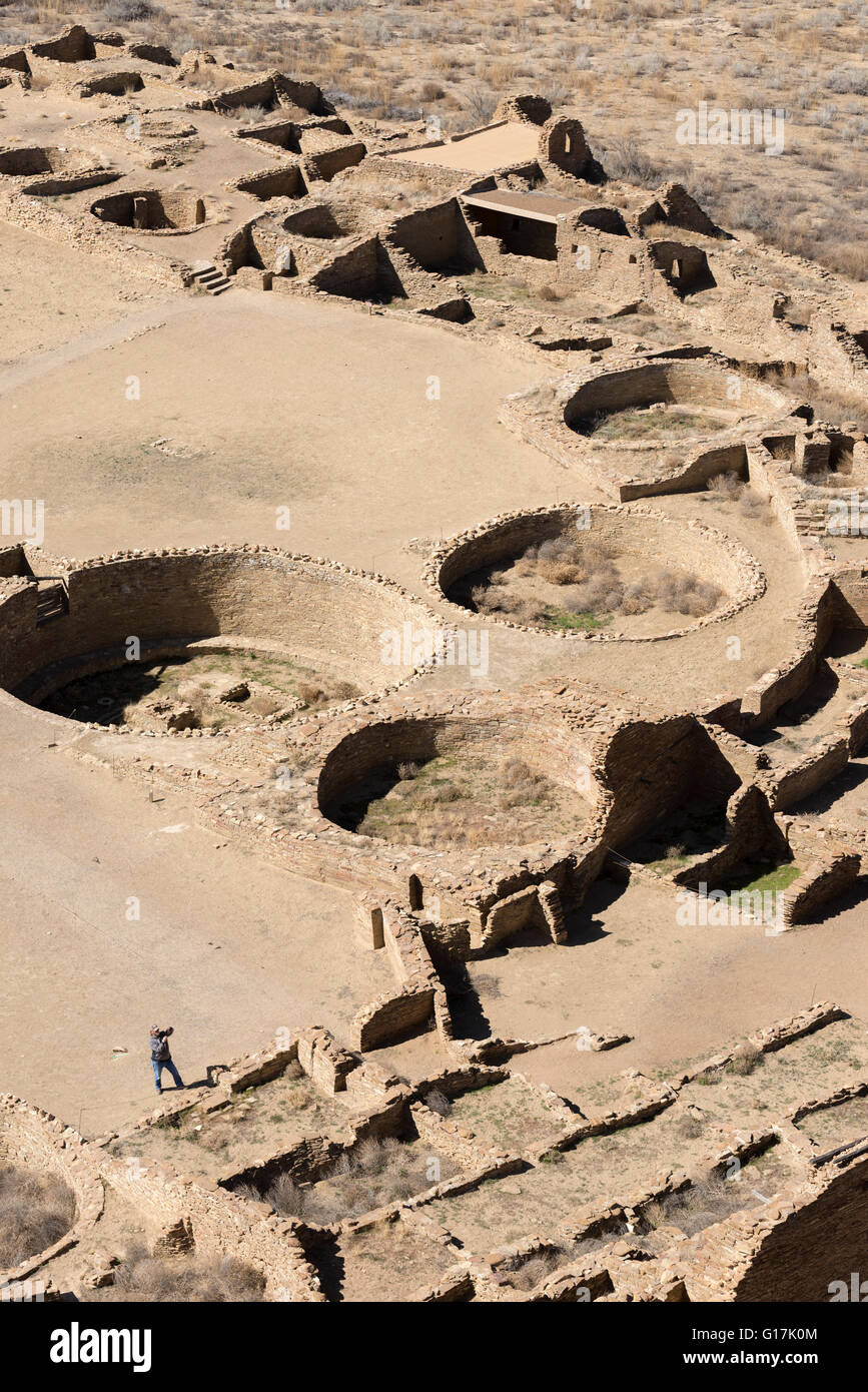 Tourist photographing Pueblo Bonito, Chaco Culture National Historical ...