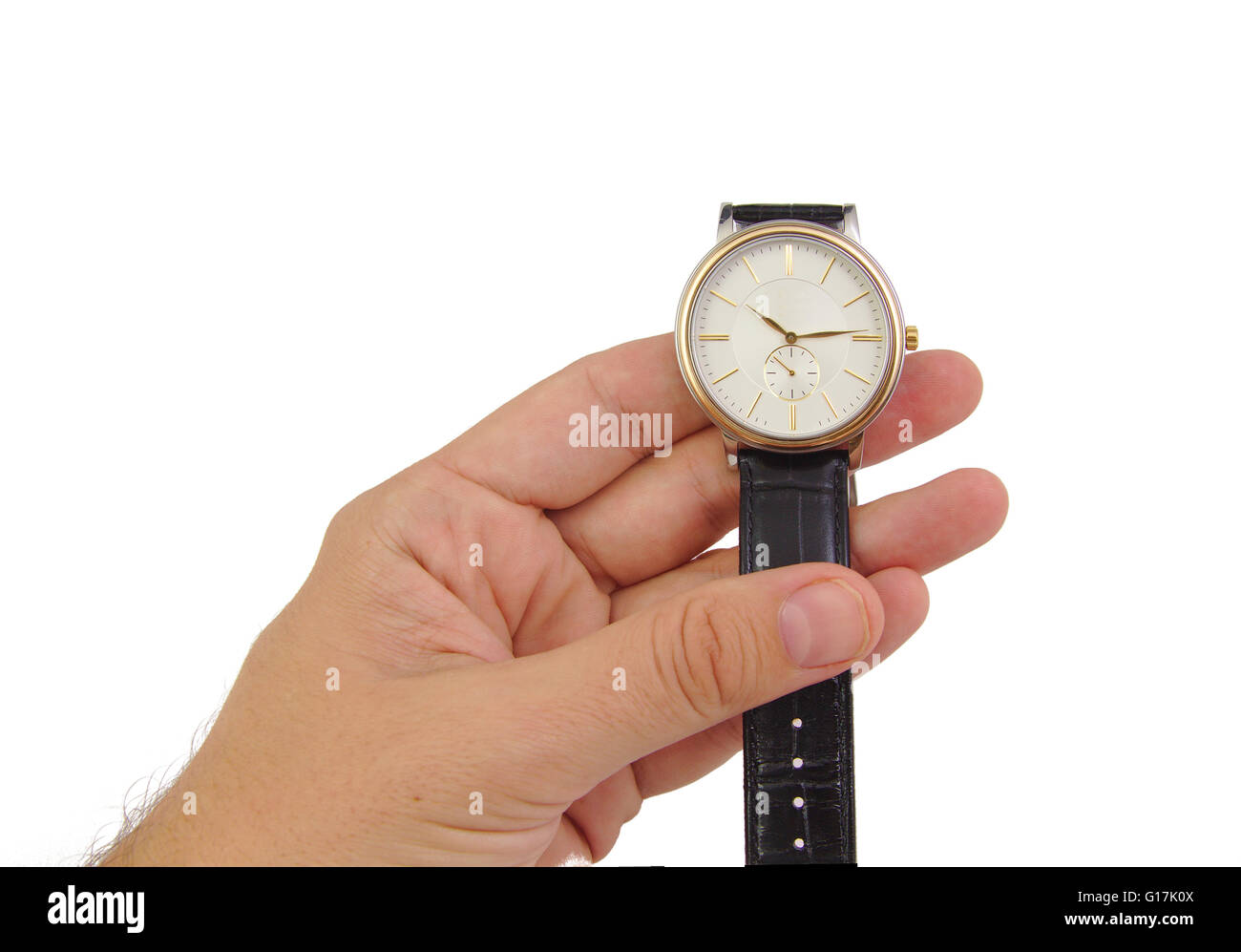 Man hand with watch isolated on a white background Stock Photo - Alamy