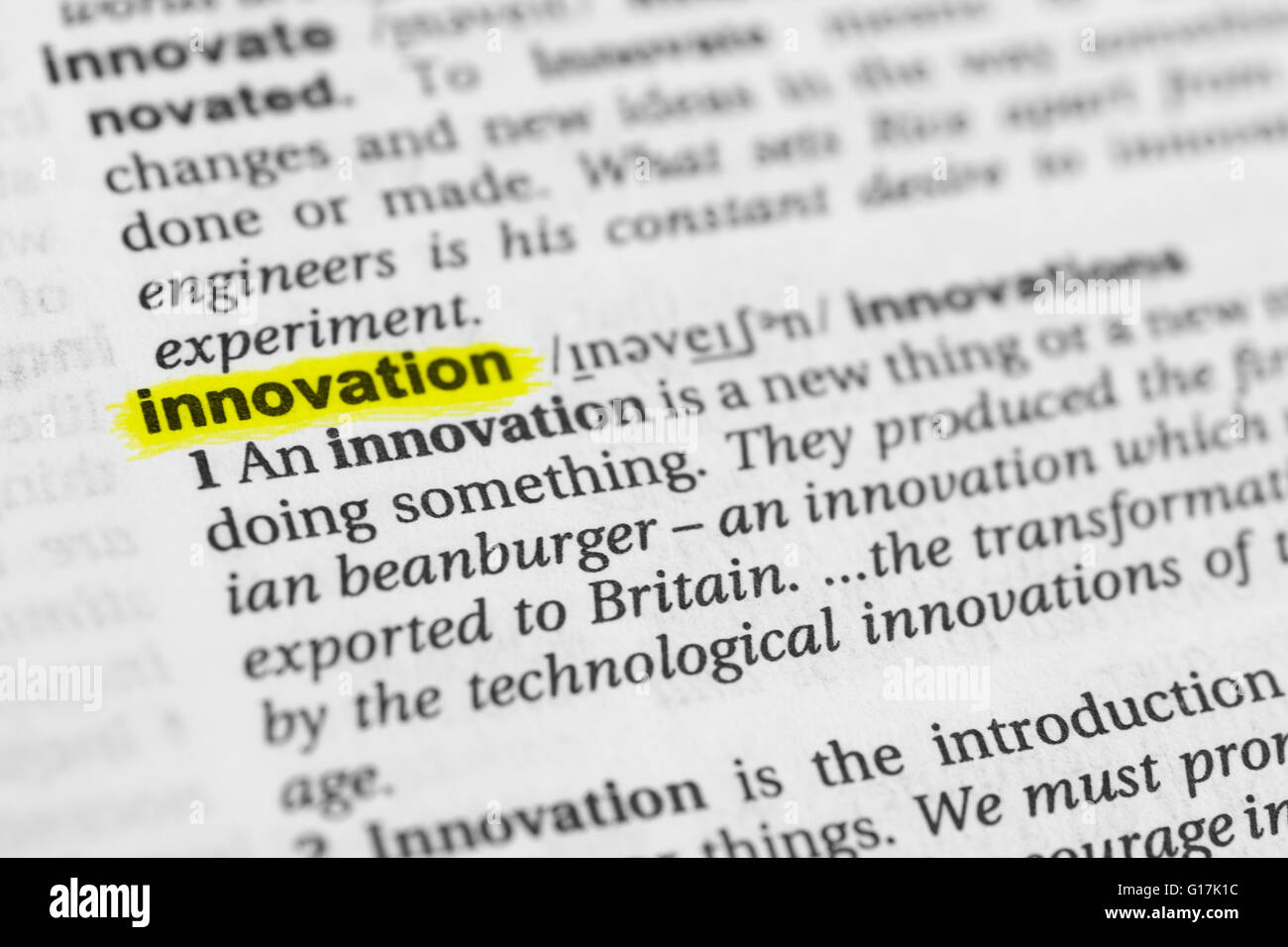 Detail of the english word "innovation" highlighted and its definition from the dictionary Stock ...