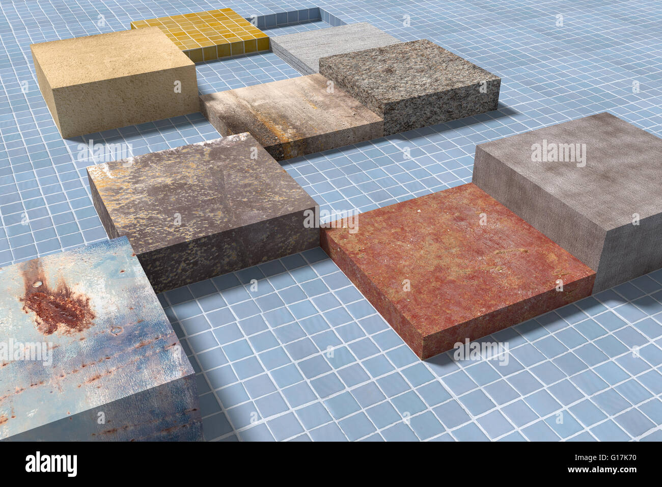3d rendering of cubes of different materials on glazed tiled floor ...