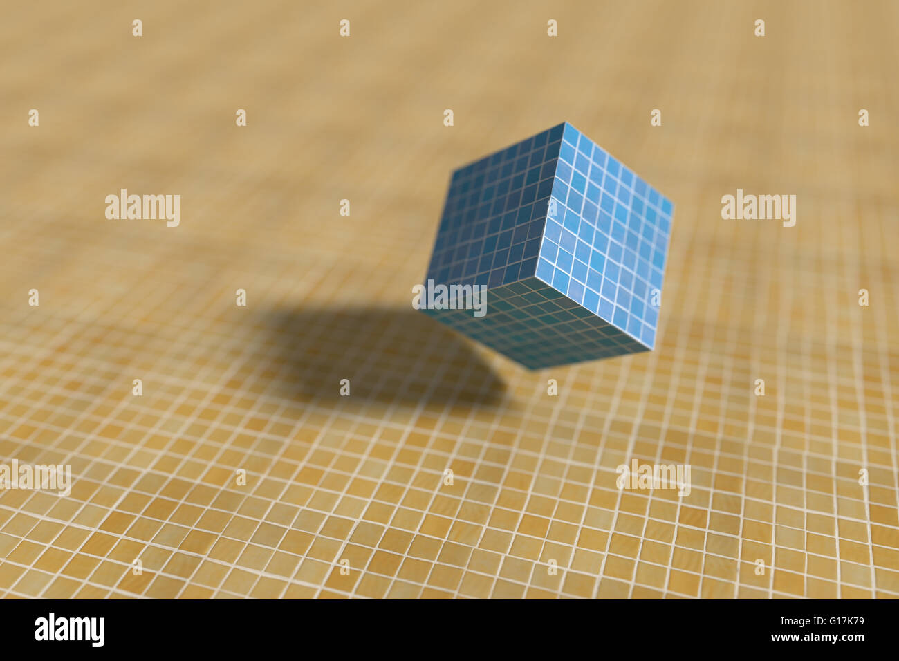 3d rendering of blue ceramic cube casting shadow on yellow tiled ...