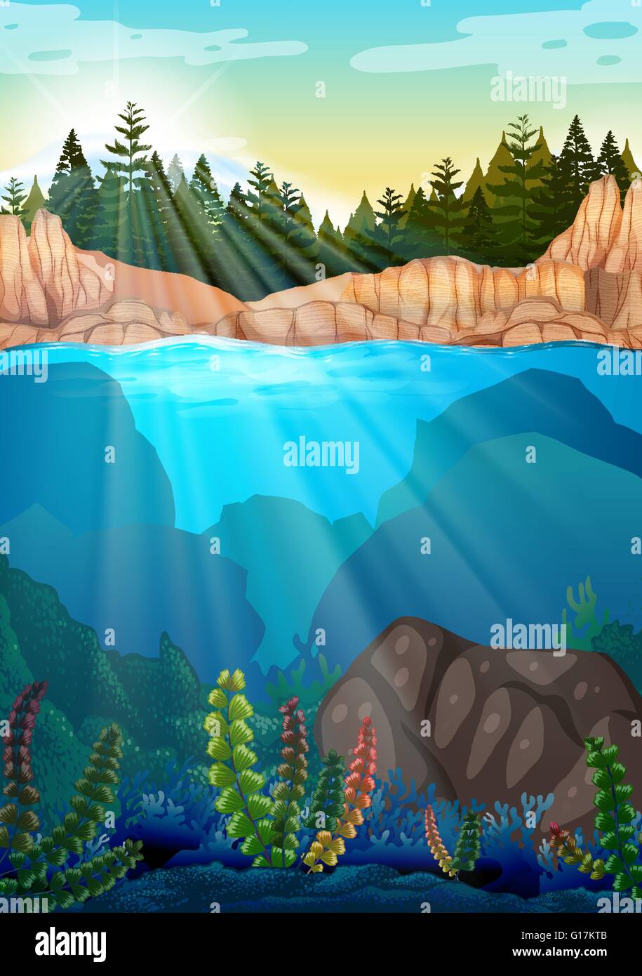 Scene with pine trees and underwater illustration Stock Vector Image ...