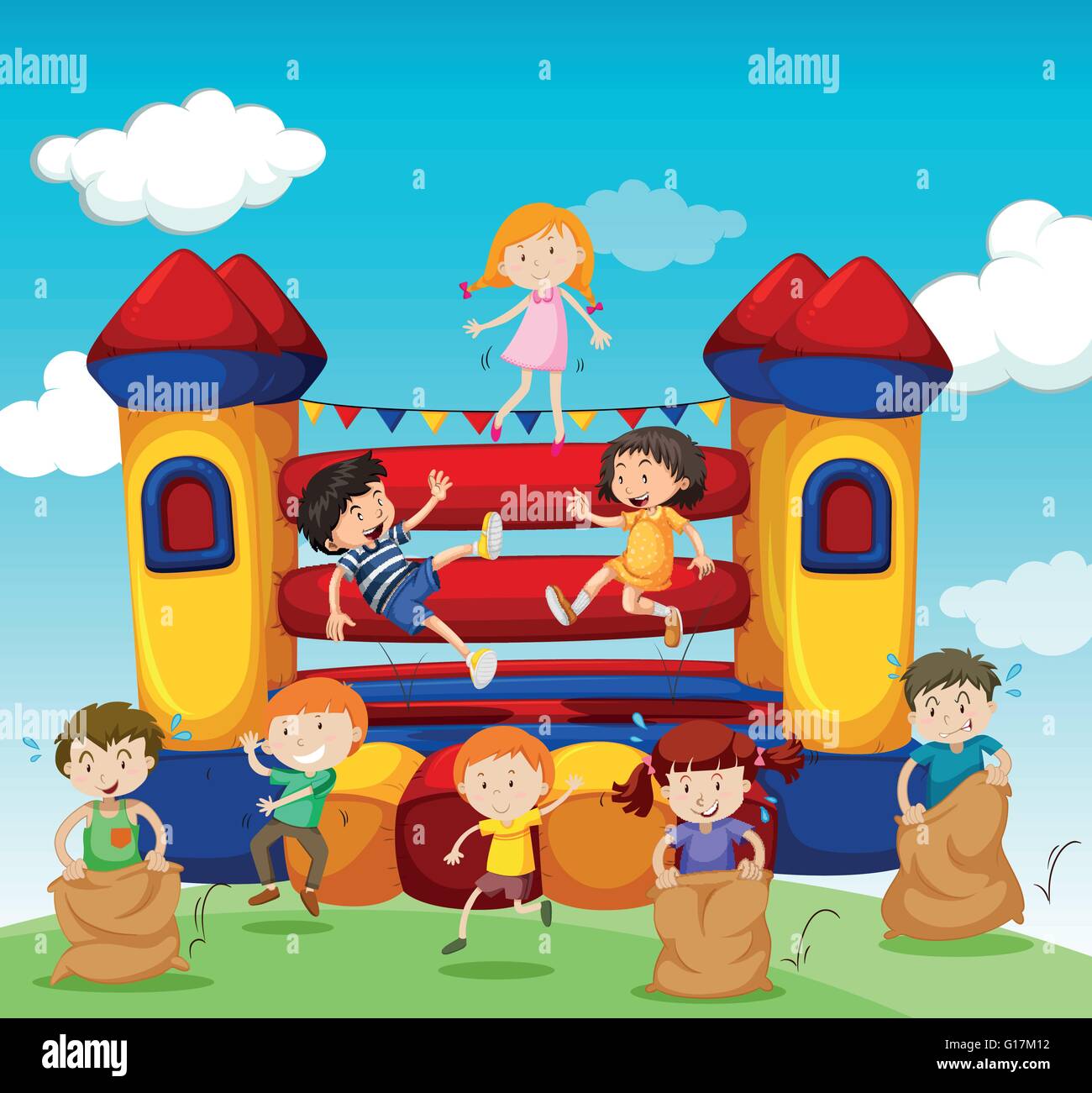 Children playing at the bouncing house illustration Stock Vector Image ...