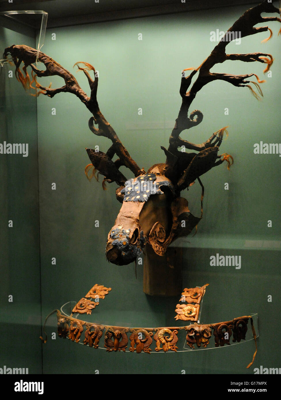 Nomadic peoples. Siberia. Pazyryk culture. Horse mask. Leather, fur ...