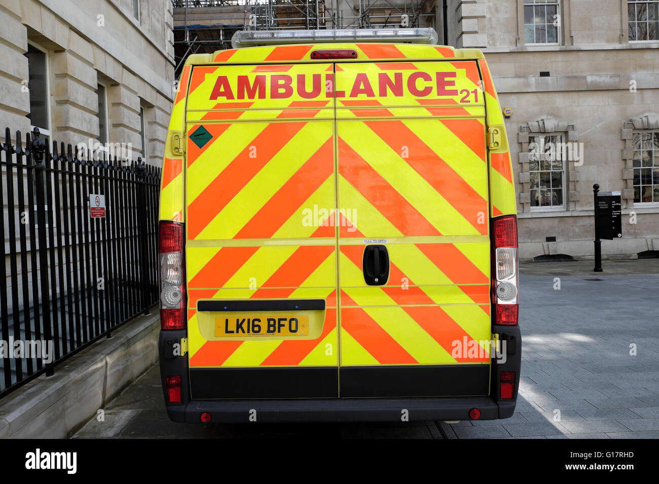 Ambulance sign on back of vehicle at St Barts Hospital in London UK ...