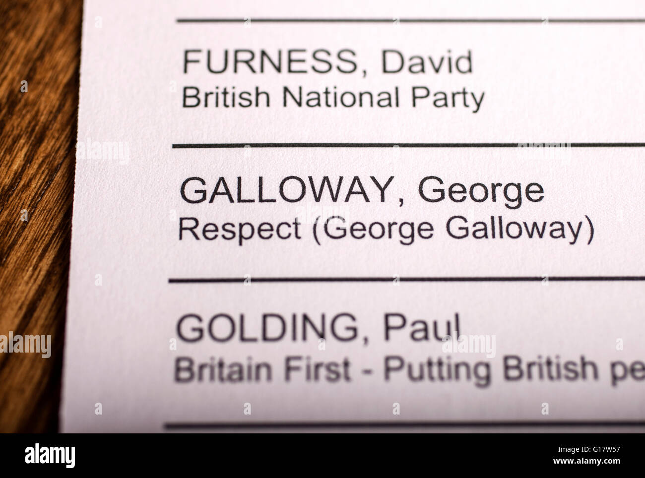 LONDON, UK - APRIL 25TH 2016: The name of George Galloway on a ballot ...
