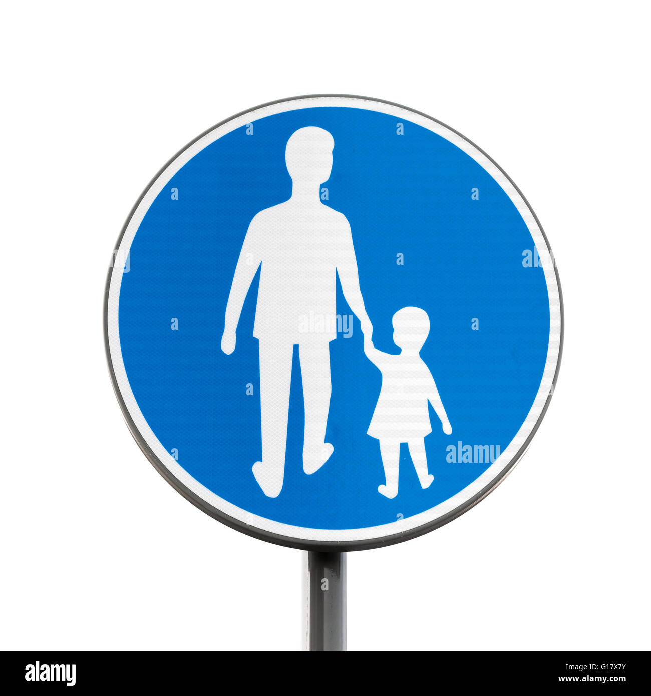 Pedestrians Only. Blue round road sign on metal pole isolated on white ...