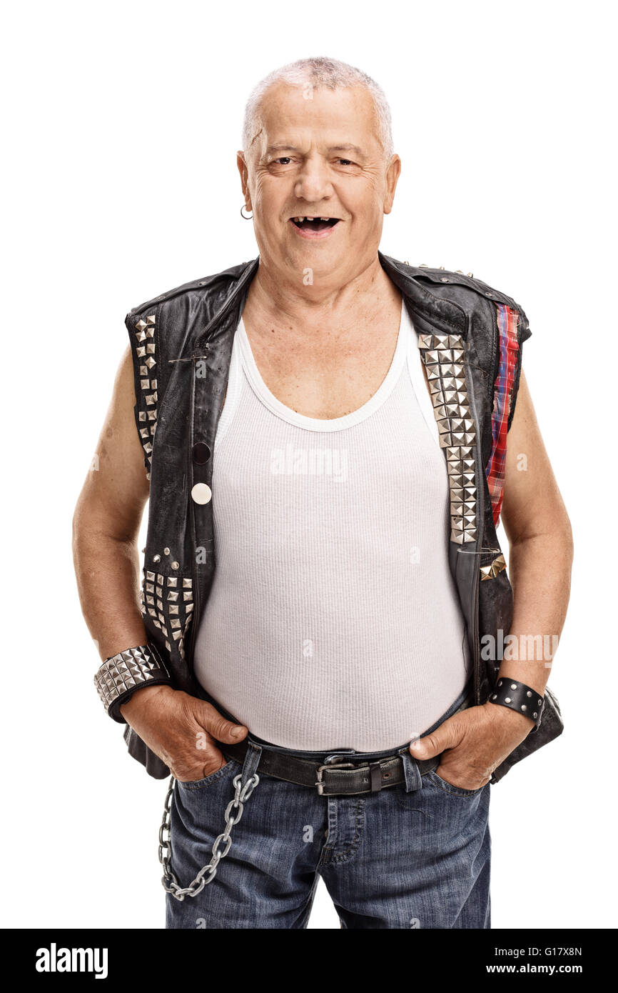 Vertical shot of a cheerful mature punk rocker isolated on white ...