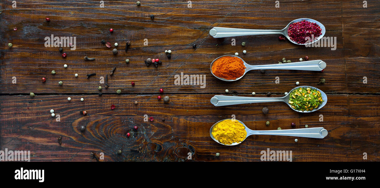 Variety of Eastern Spices in Silver Spoons Stock Photo - Alamy