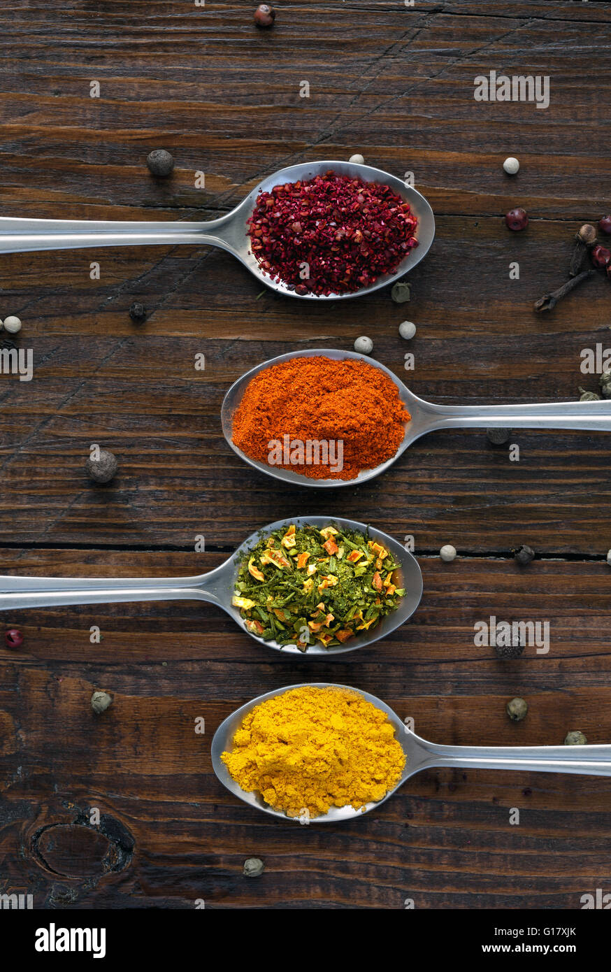 Variety of Eastern Spices in Silver Spoons Stock Photo - Alamy