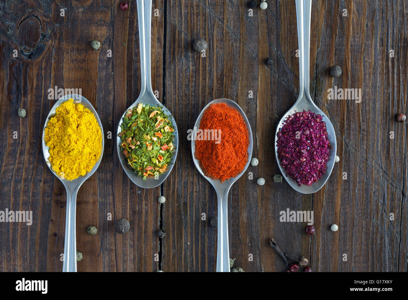 Variety of Eastern Spices in Silver Spoons Stock Photo - Alamy