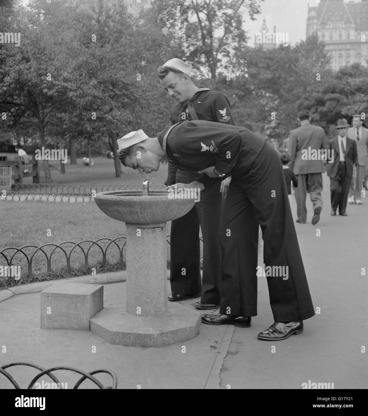 Two Sailors Drinking at Water Fountain, Central Park, New York City ...