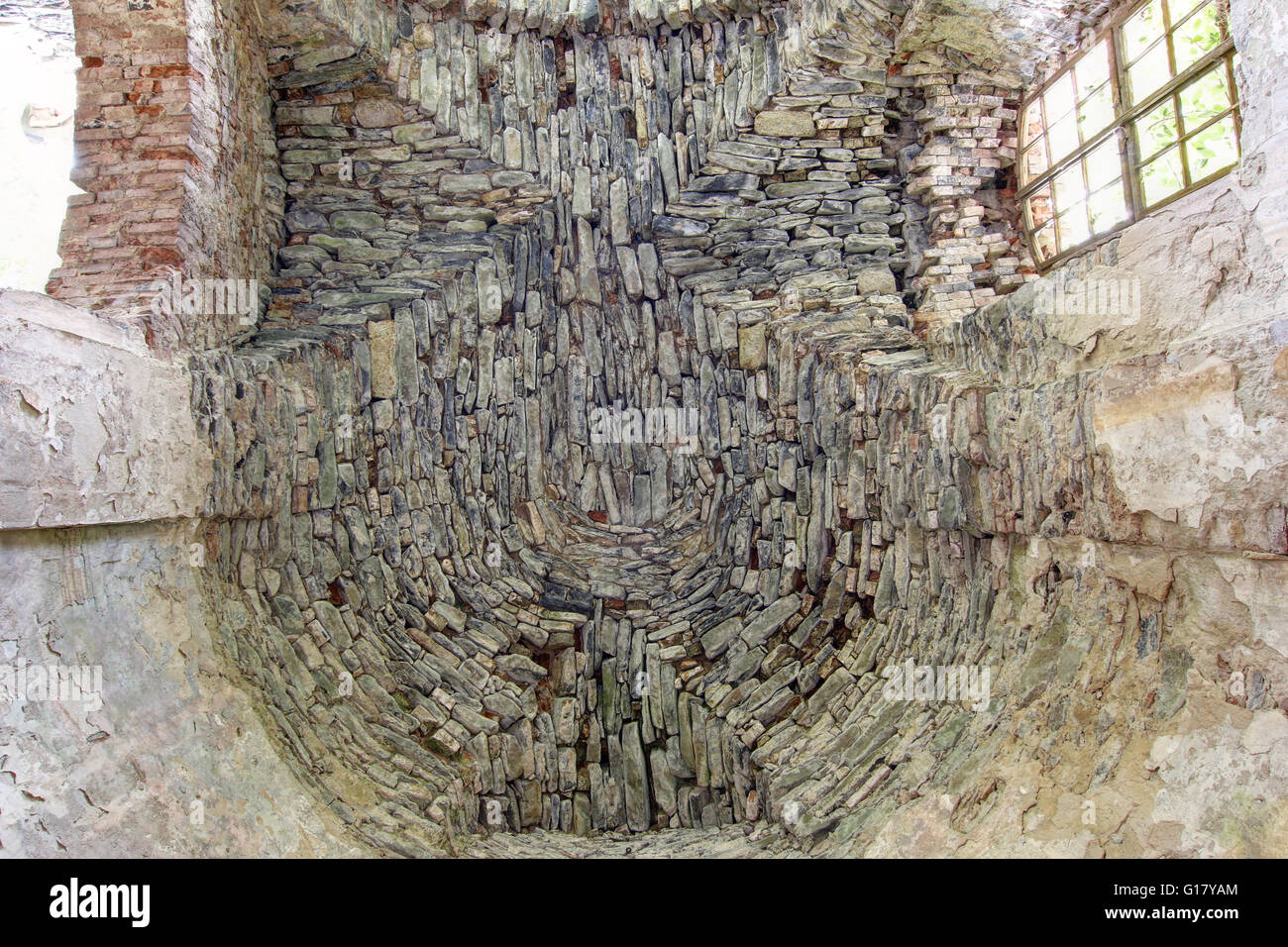 Preserved stone vault of the presbytery of the ruins Baroque church ...