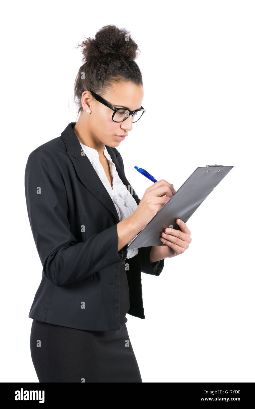 Cut out image of a young beautiful office worker who writes on a ...