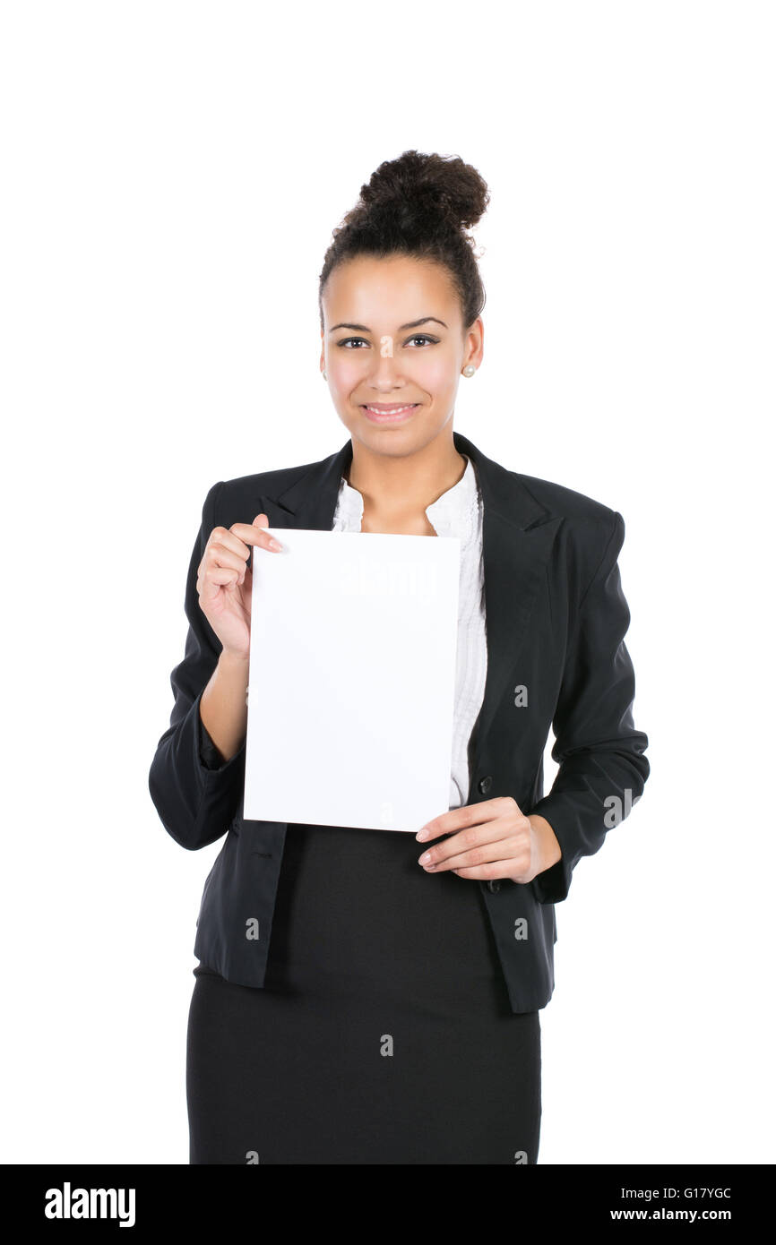 Cut out image of a young office worker who shows a white sheet of paper ...