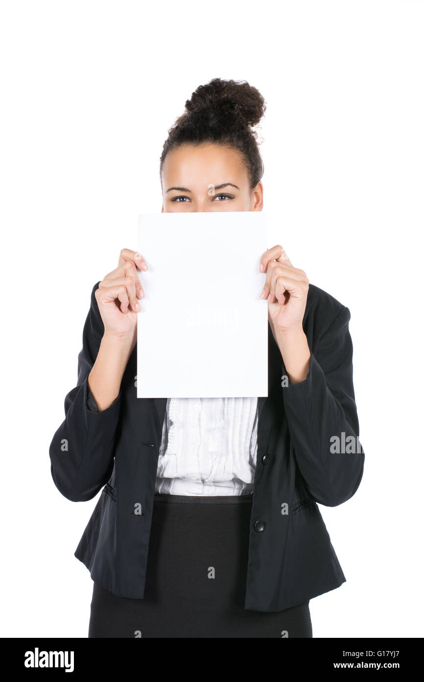Cut out image of a young business woman who shows a white sheet of ...