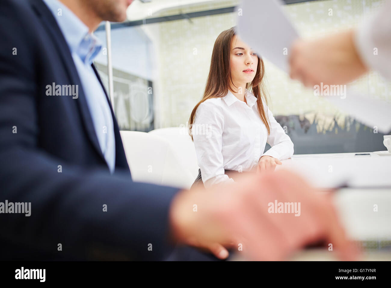 Trainee student woman with colleagues in the office at work Stock Photo ...