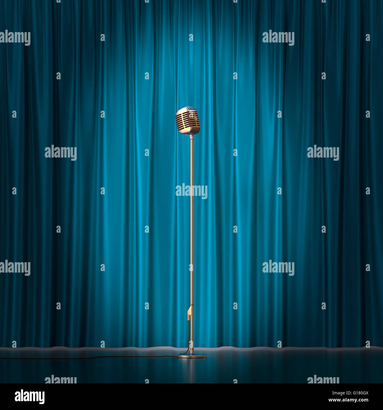 Retro gold microphone on blue cloth background Stock Photo - Alamy