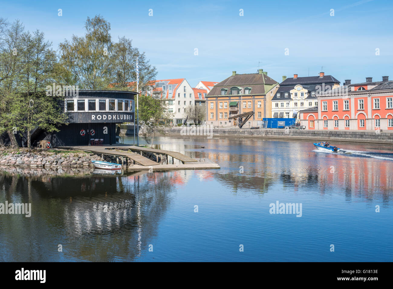 Stromsholmen island in Motala river, which flows through the city ...