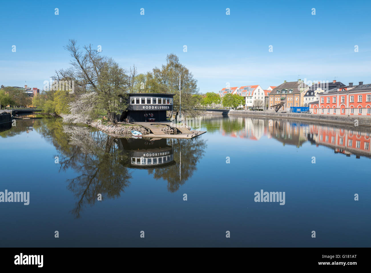 Stromsholmen island in Motala river, which flows through the city ...