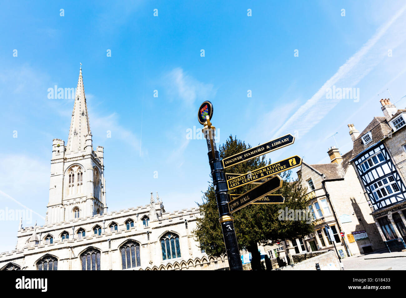 Stamford town church and directions sign Lincolnshire UK England ...
