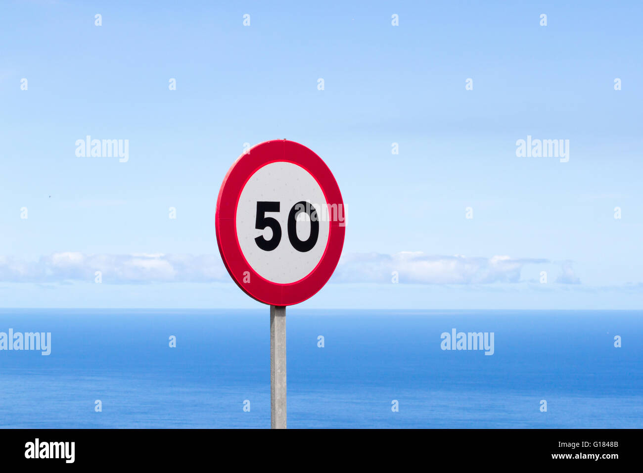 Fifty traffic sign. 50 miles per hour speed limit sign round red ...