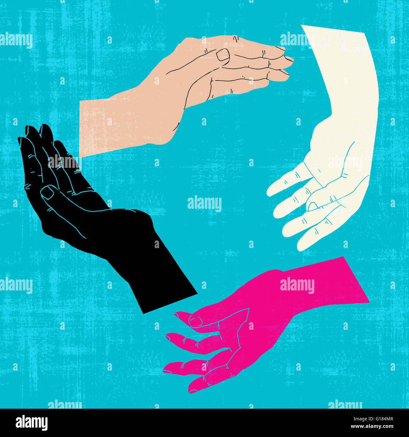 four of different races hands reaching out in a circle Stock Photo - Alamy