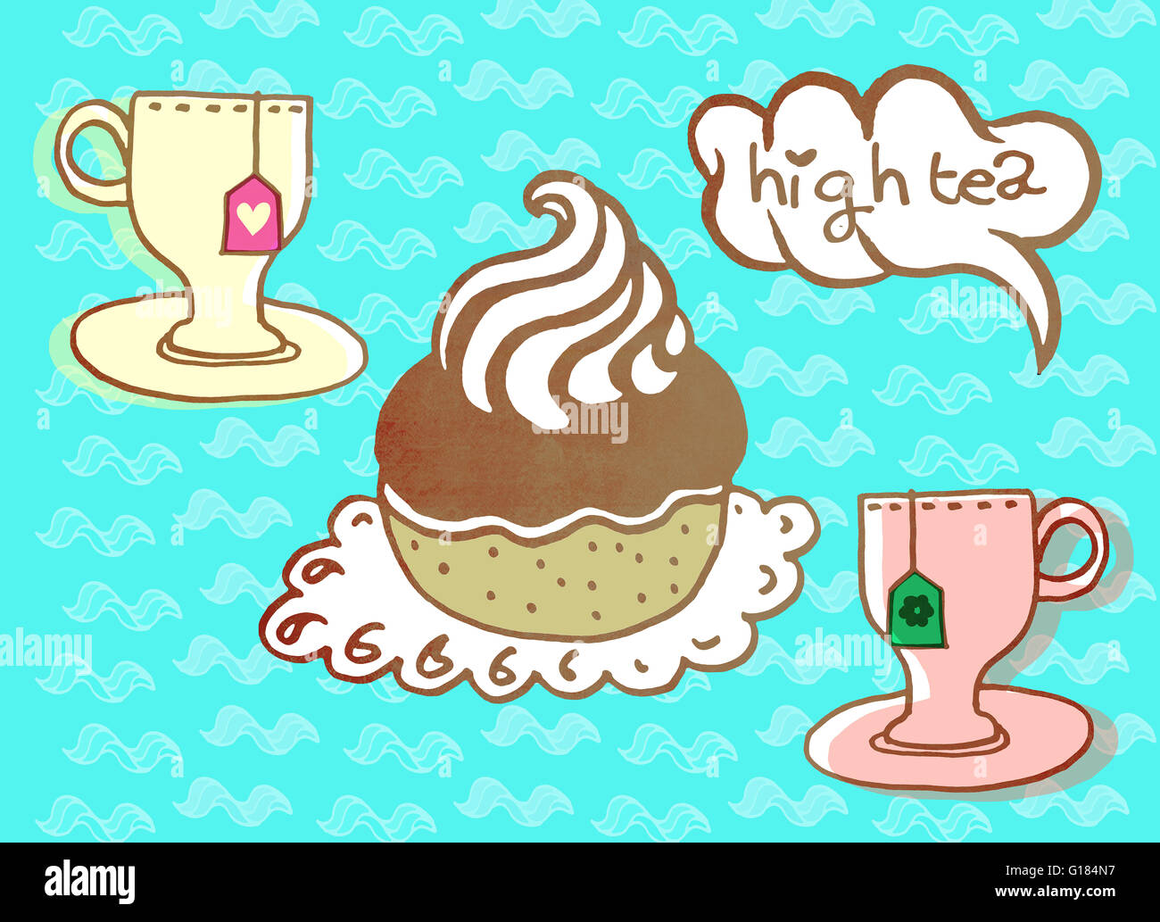 drawing of traditional afternoon high tea with cake, pastries cups and ...