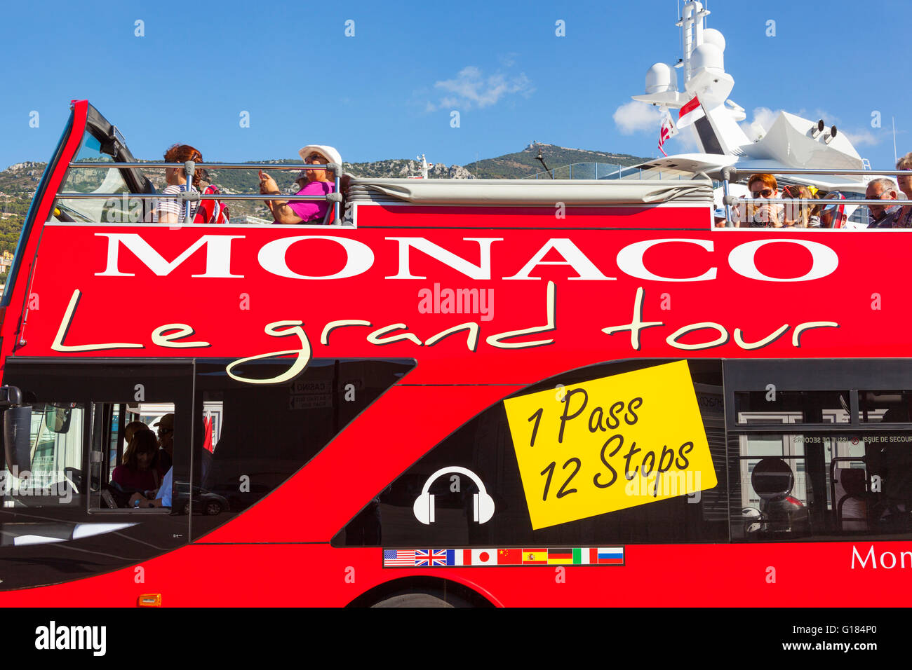 Tourists on city sightseeing tour bus, Monaco, Cote D’Azur, France ...
