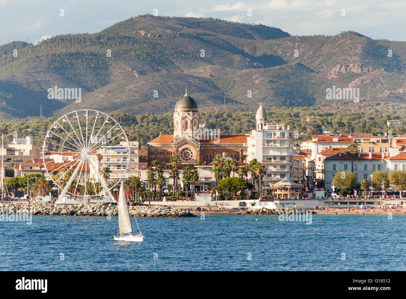 Saint Raphael town, taken from the sea, Notre Dame De La Victoire ...