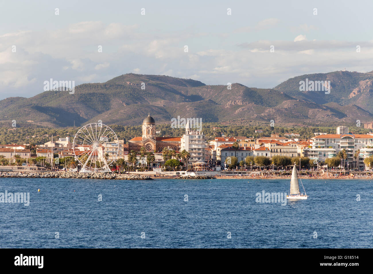 Saint Raphael town, taken from the sea, Notre Dame De La Victoire ...