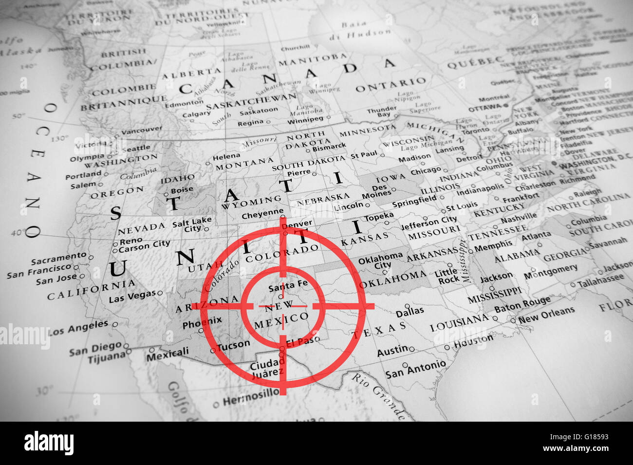 Red aerial target on tilted United States map ( New Mexico ), black and ...