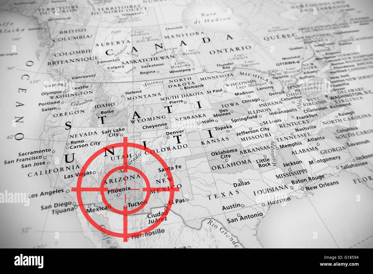 Red aerial target on tilted United States map ( Arizona ), black and ...