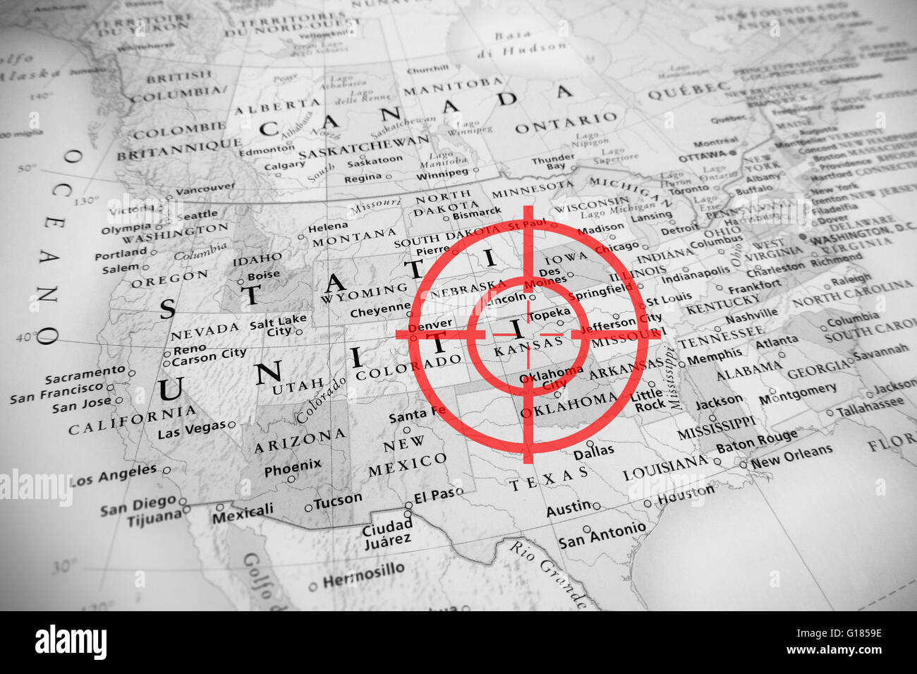 Red aerial target on tilted United States map ( Kansas ), black and ...