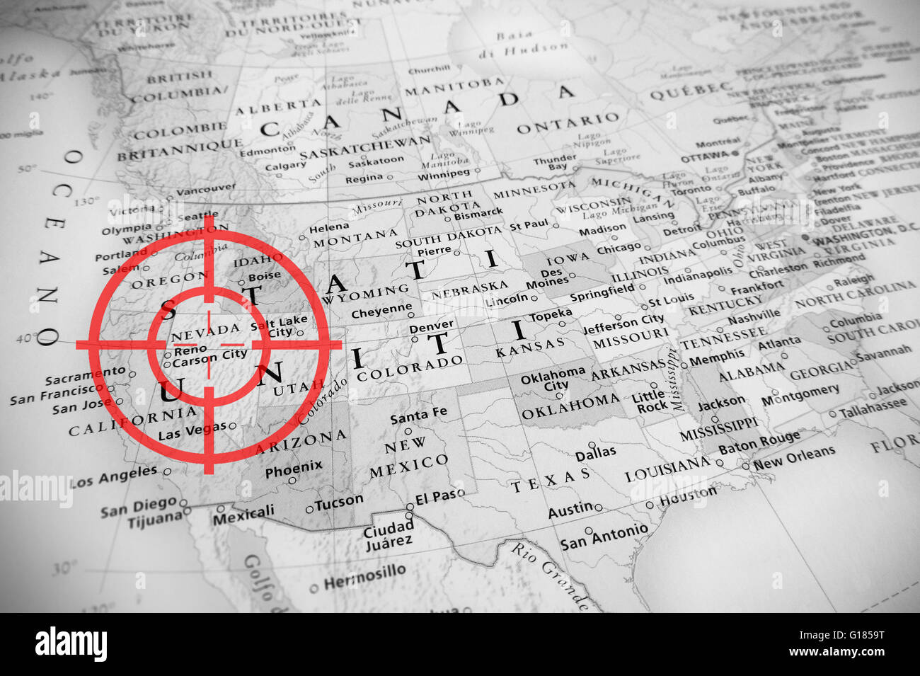 Red aerial target on tilted United States map ( Nevada ), black and ...