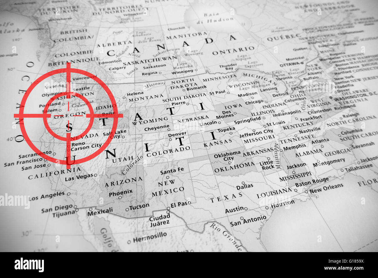 Red aerial target on tilted United States map ( Oregon ), black and ...