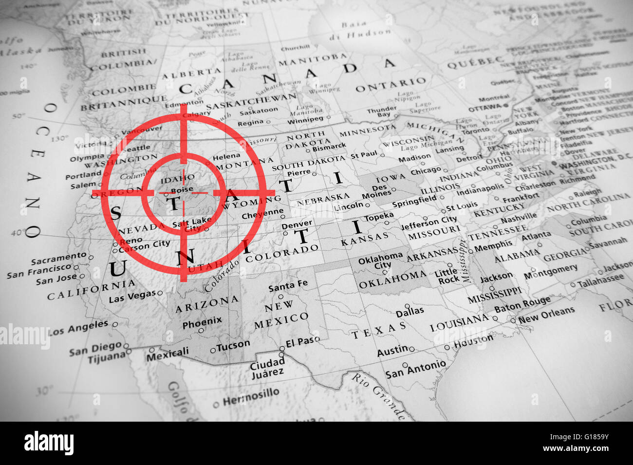 Red aerial target on tilted United States map ( Idaho ), black and ...