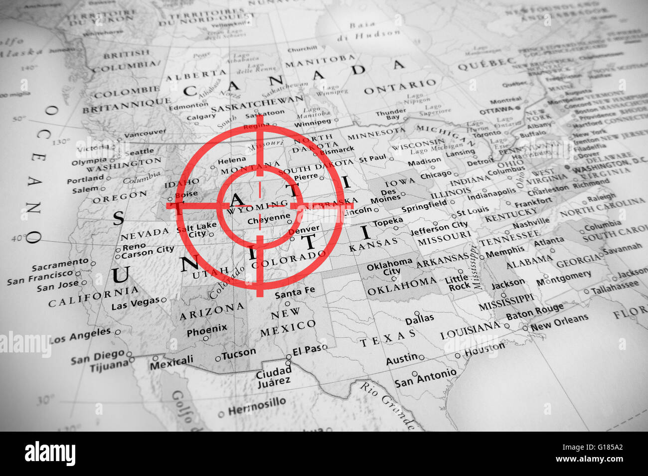 Red aerial target on tilted United States map ( Wyoming ), black and ...