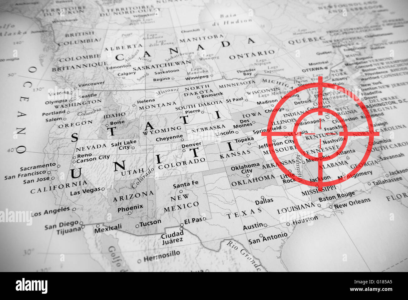 Red aerial target on tilted United States map ( Kentucky ), black and ...