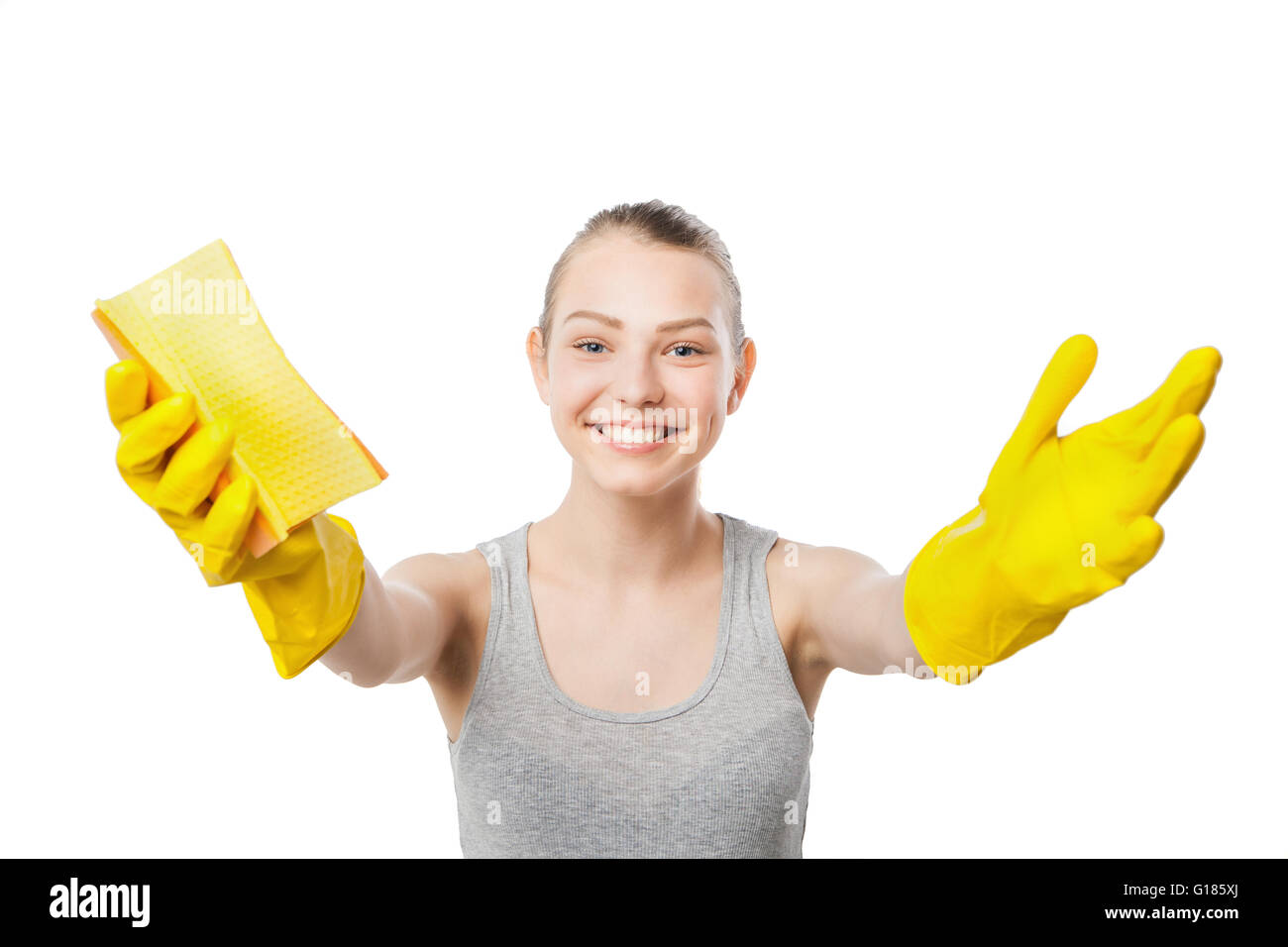 Smiling young woman with wipe isolated Stock Photo - Alamy