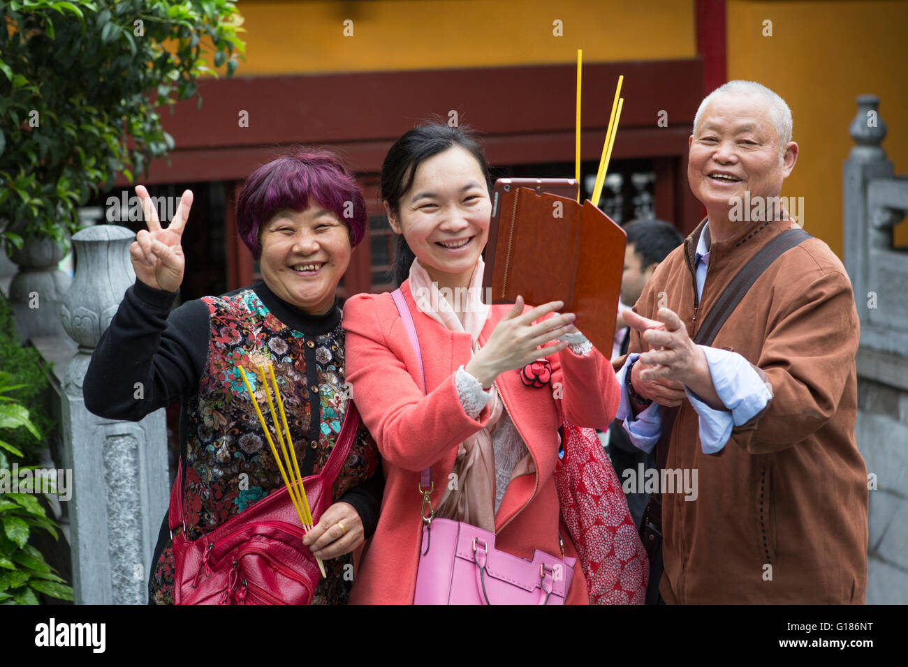 Chinese people posing at the Mijing temple of Nanjing, China Stock ...
