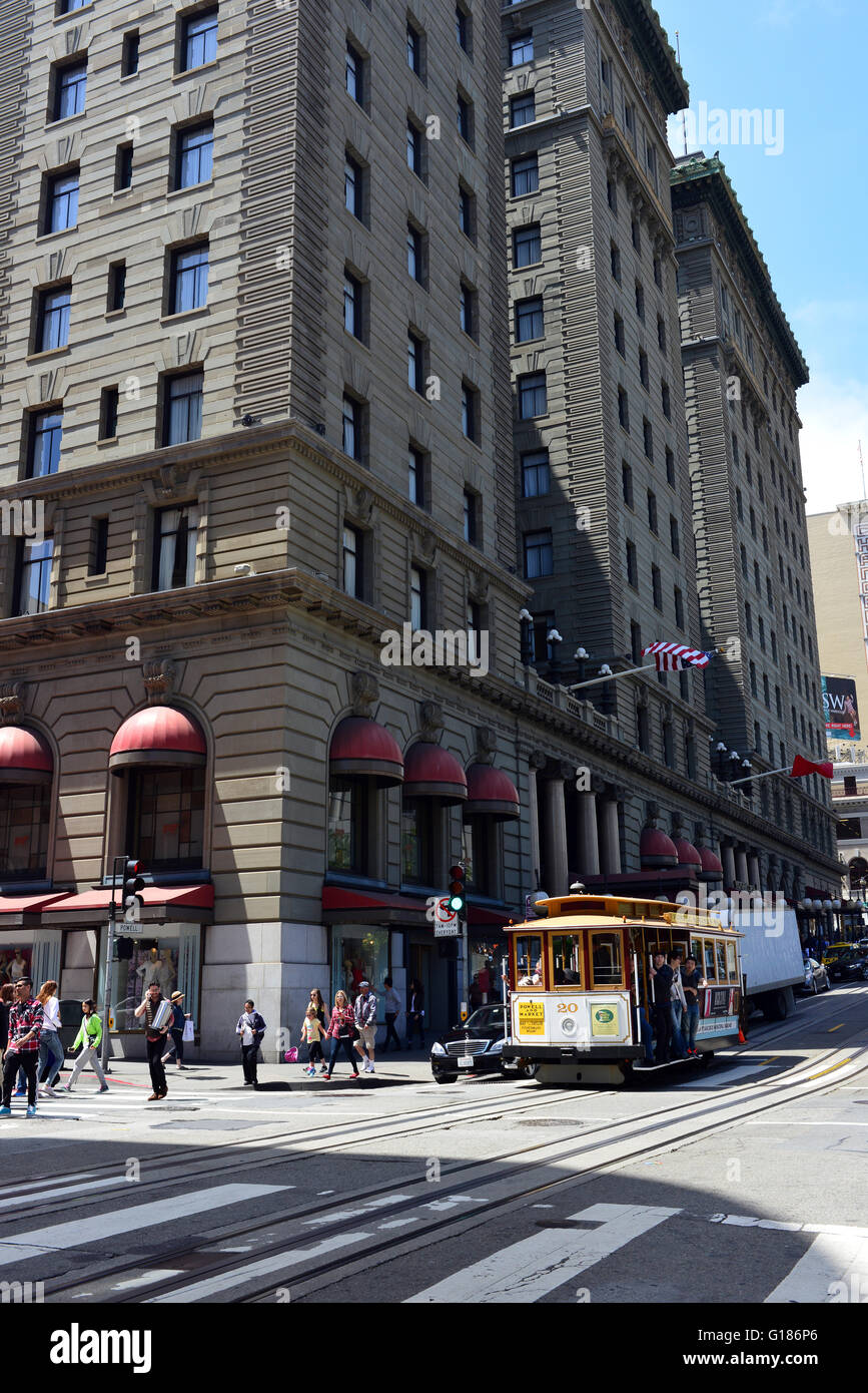 A MUNI trolley sits at the intersection outside the Westin St Francis ...