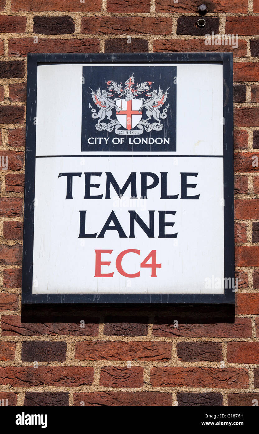 LONDON, UK - MAY 4TH 2016: A street sign for Temple Lane in the City of ...
