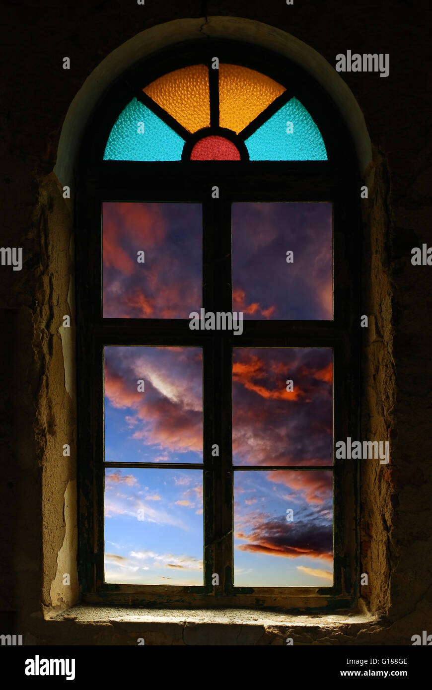 stained glass window sunset Stock Photo - Alamy