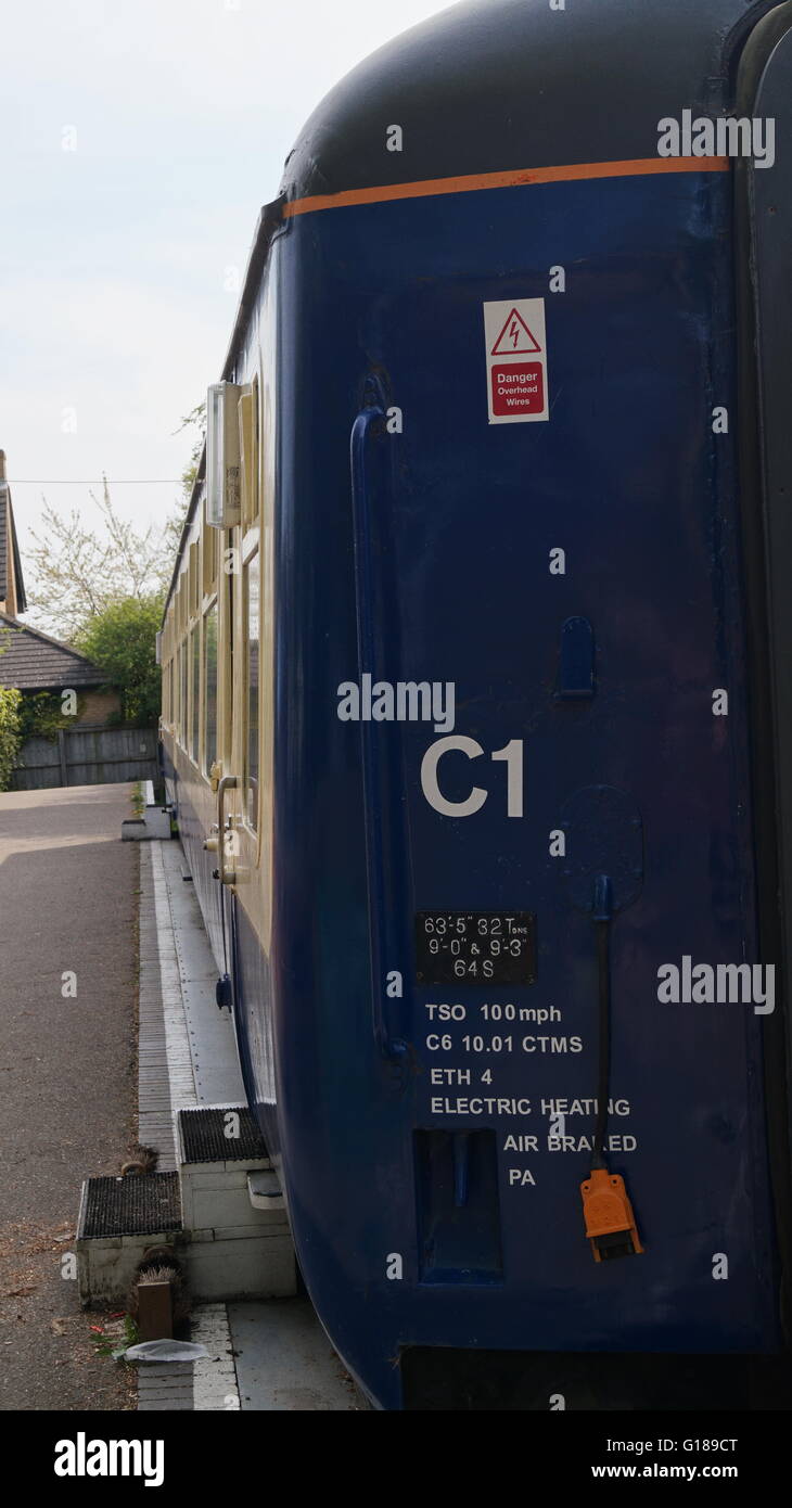 Train carriage at Rayne Station, Essex showing weight and dimensions ...