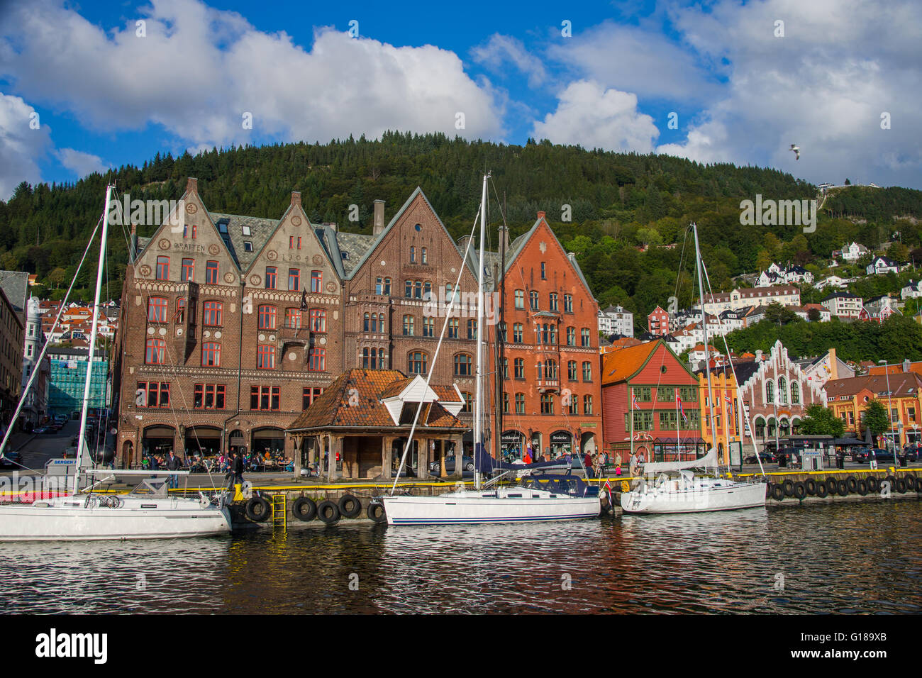 Beautiful waterfront views of Bryggen with wooden houses Stock Photo ...