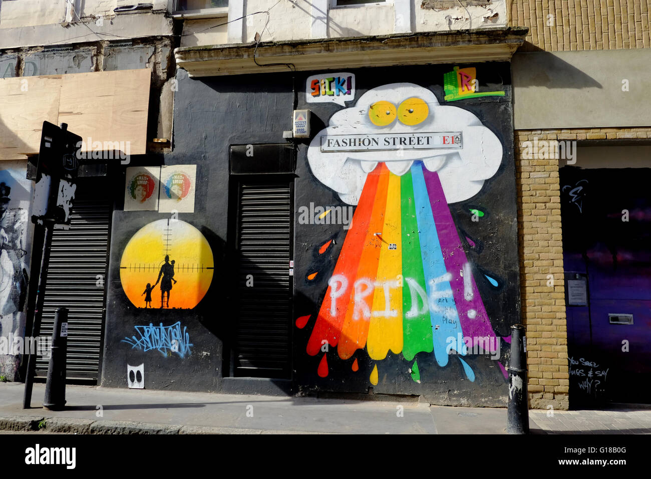 Gay Pride Rainbow Street art on Fashion Street in Shoreditch, London ...