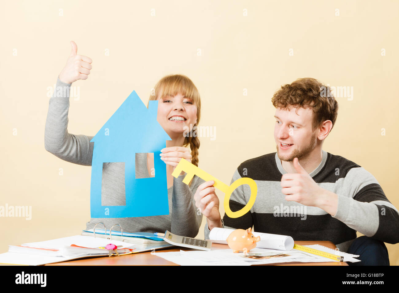 Dream and new plan for living. Young joyful smiling people thinking ...